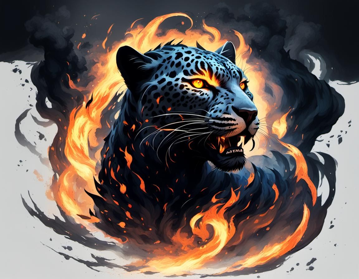 Mythical, magical fire leopard, ethereal black flames, emerges from a ...