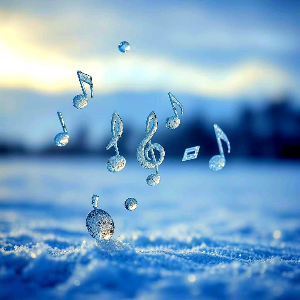 Ice Music notes falling from the winter sky above ... - AI Art