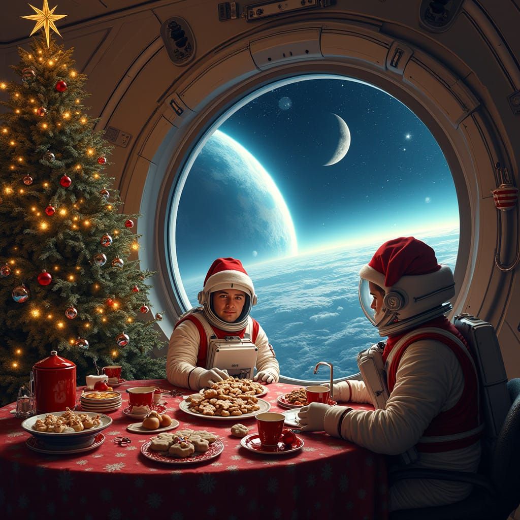 Galactic Christmas Celebration in Futuristic Space... - AI Art