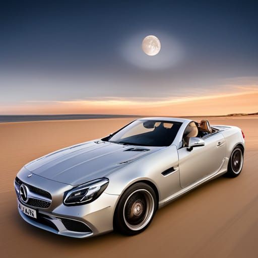 Mercedes SLK230, gold, roof down, driving through the beach, with the ...