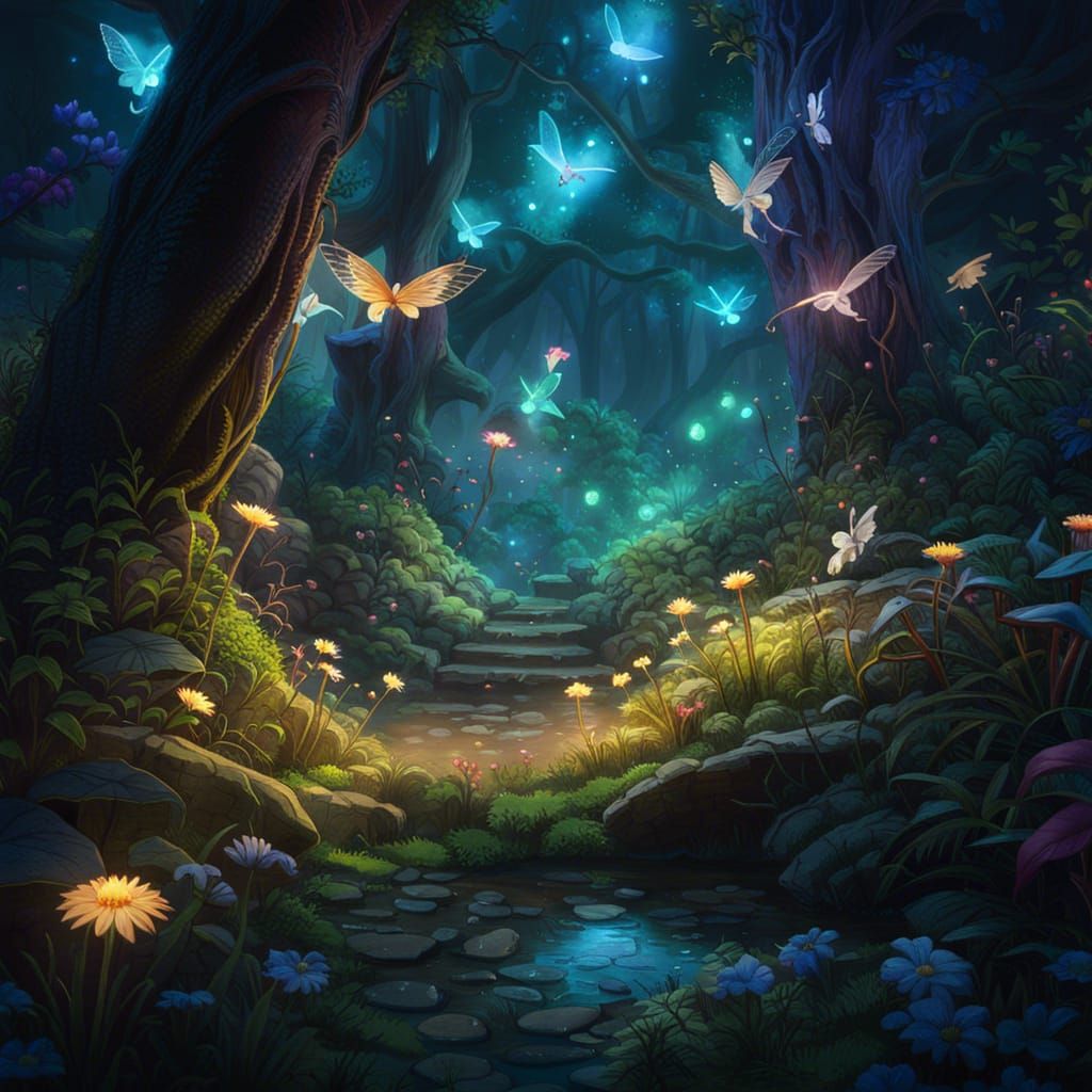 watercolor art , a magical forest glade with fairies and fireflies ...