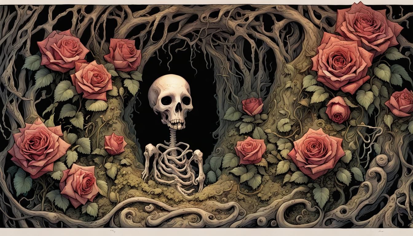 ornate, bones, woven, eyes, roses, gnarly vines, cavern, whimsical ...
