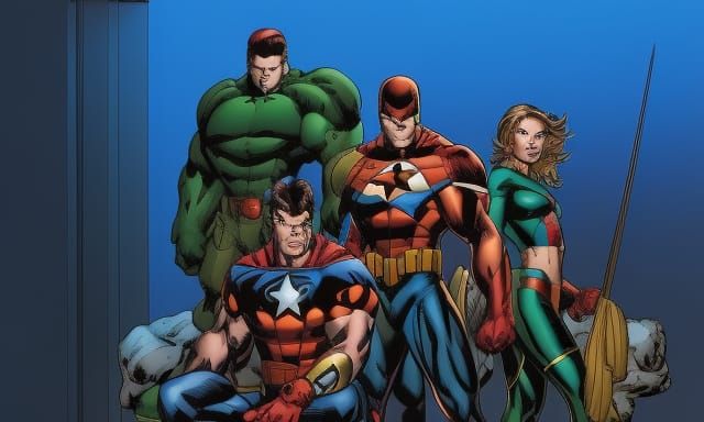 four people, cartoon style comic book art, perfect, smooth, Jim Lee ...