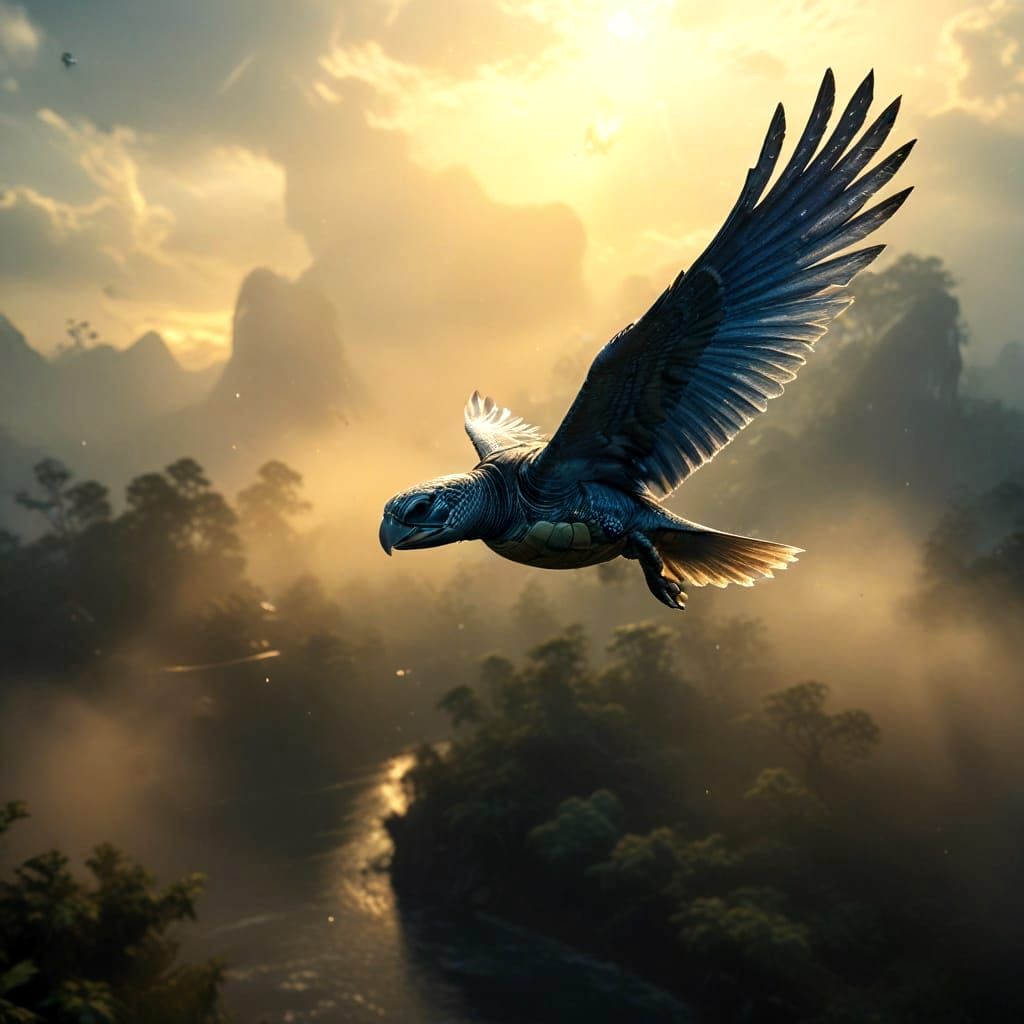Winged Turtle Hybrids Soar in V Formation - AI Art