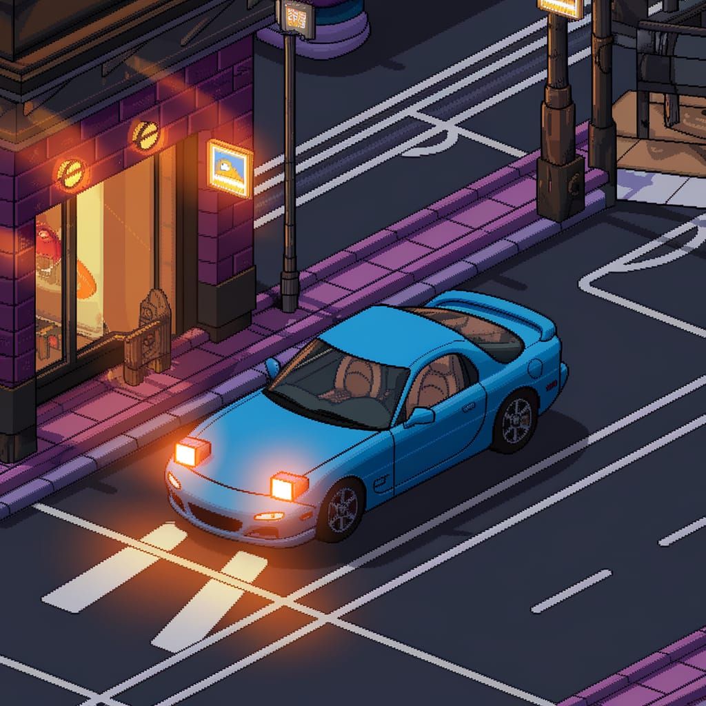 Pixel Art Mazda RX7 in Neon City Streets - AI Art