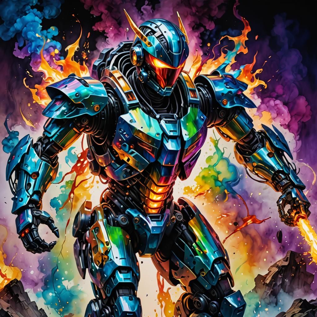 multicolored polychromatic flames alcohol inks; futuristic ninja robot ...
