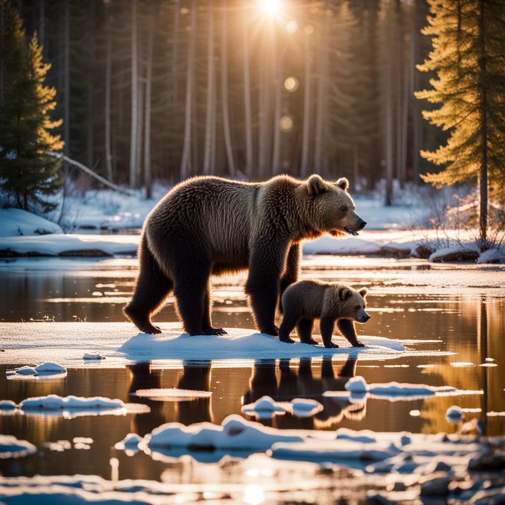 sun shining a melting frozen lake in the forest, mama bear and baby bear - AI Generated Artwork ...