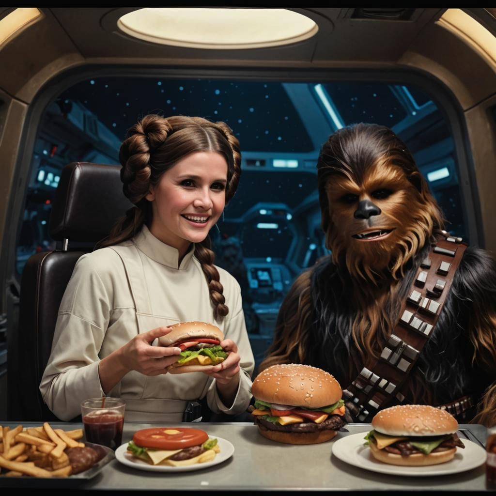 Princess leia and Chewbacca eating burgers in Millenium Falcon - AI ...