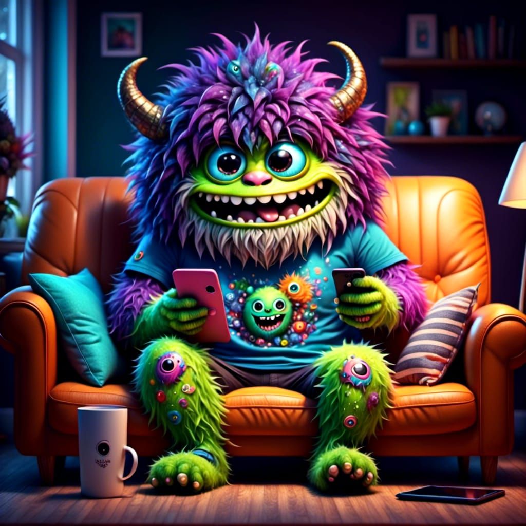Cute monster wearing athletic outfit, sitting on a couch ...