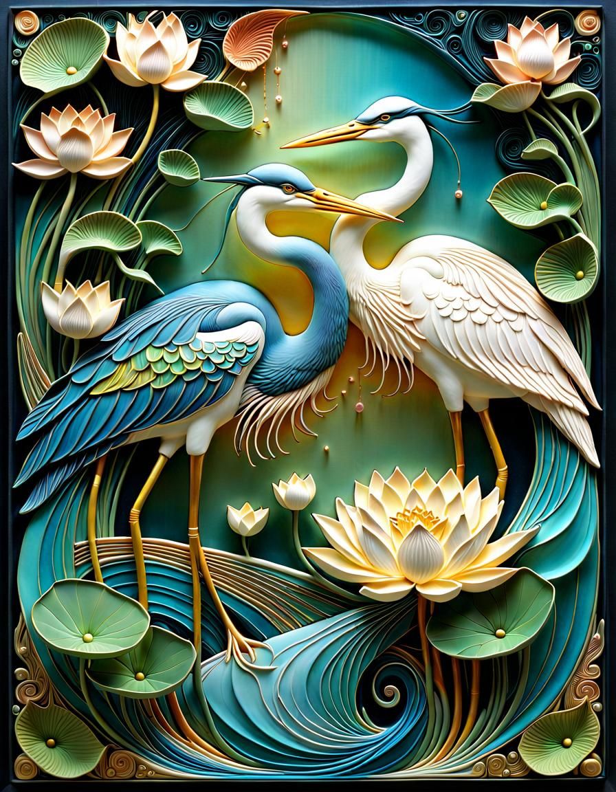 Herons and Lotuses in 3D Clay Bas-Relief Style