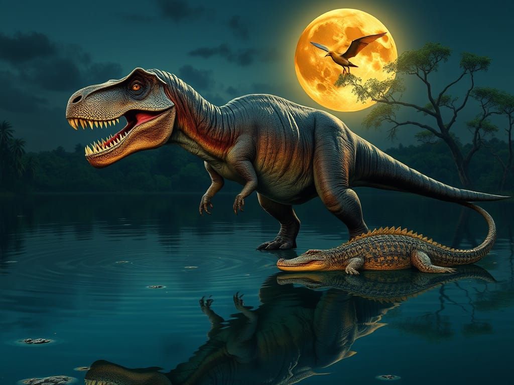 Una imagen de un dinosaurio tyrannosaurus rex , cerca de un gran lago...
