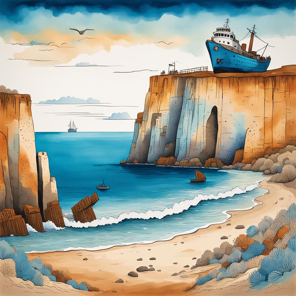 Naive art, pop art styles for A wide beach with a cliff on the left and ...