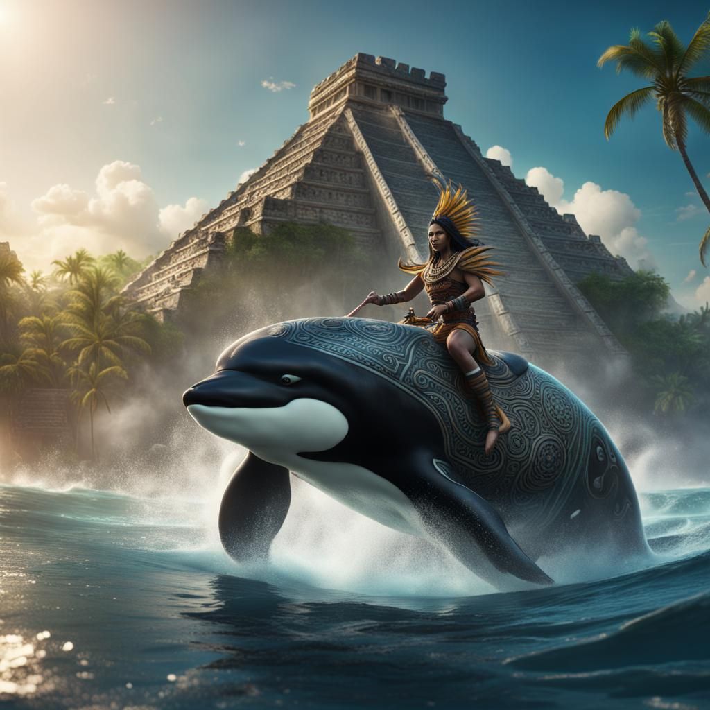 Aztec riding an orca in cancun - AI Generated Artwork - NightCafe Creator