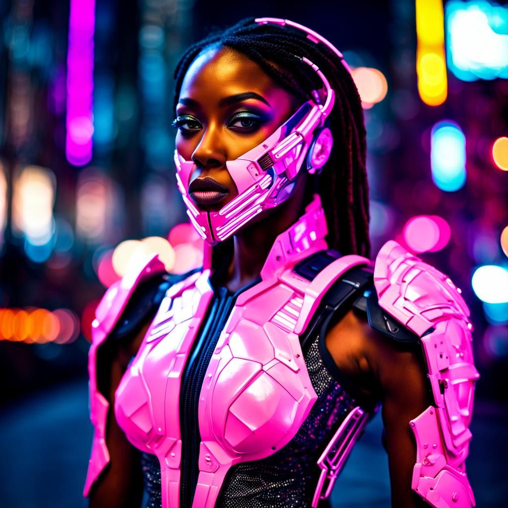 Pink cyborg girl appearing in a neon city at night time. - AI Generated ...