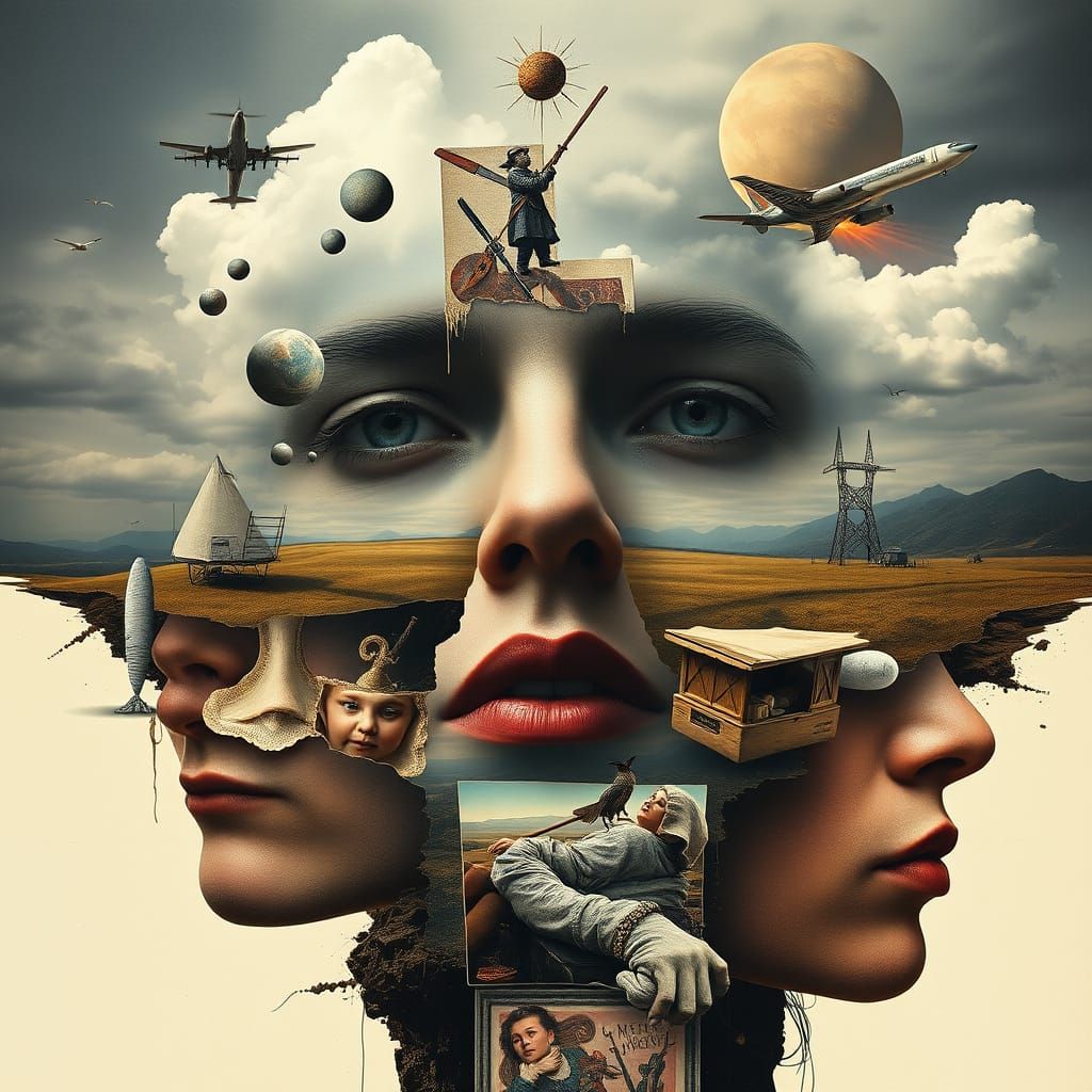 Fragmented faces - Surrealist Collage Masterpiece with Fragm...