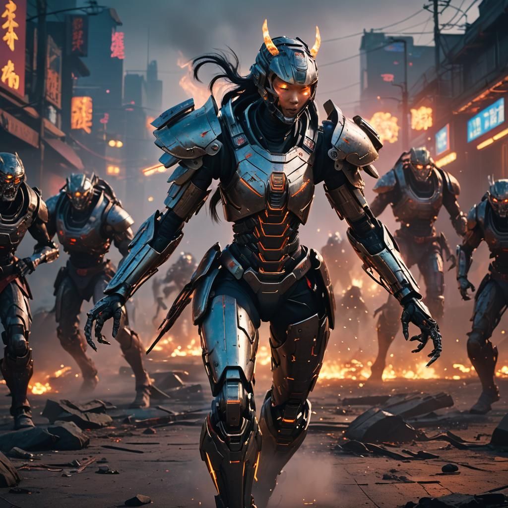 Cybernetic Warrior Mulan Battles Zombies in Apocal... - AI Art