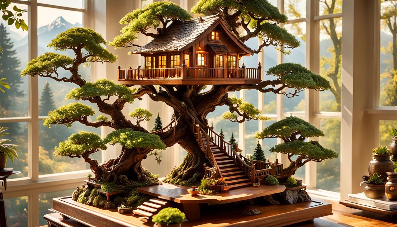 Miniature treehouse with intricate double bonsai on a tray on the ...