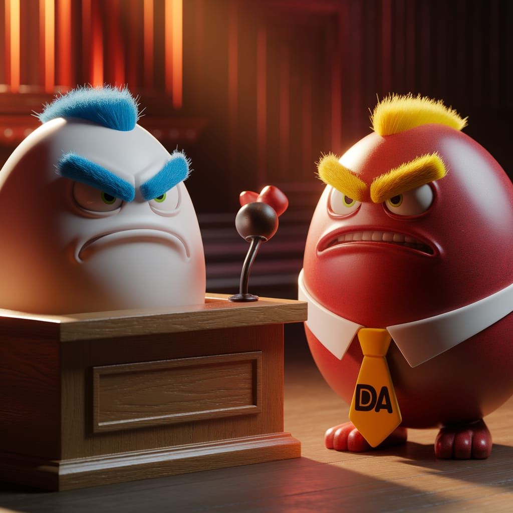 Angry Egg Witnesses Standoff in Courtroom Scene - AI Art