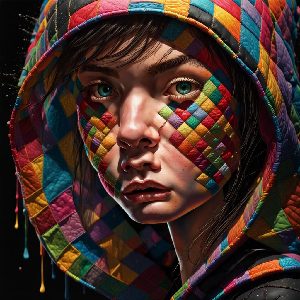 patchwork girl, multicolored, black background - AI Generated Artwork - NightCafe Creator