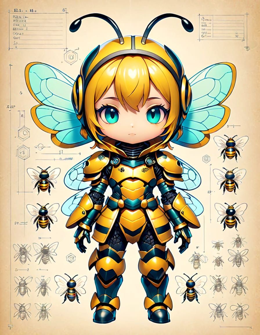 Bee blueprint (Blue Pencil XL) - Chibi Bee in Art Nouveau Ar...