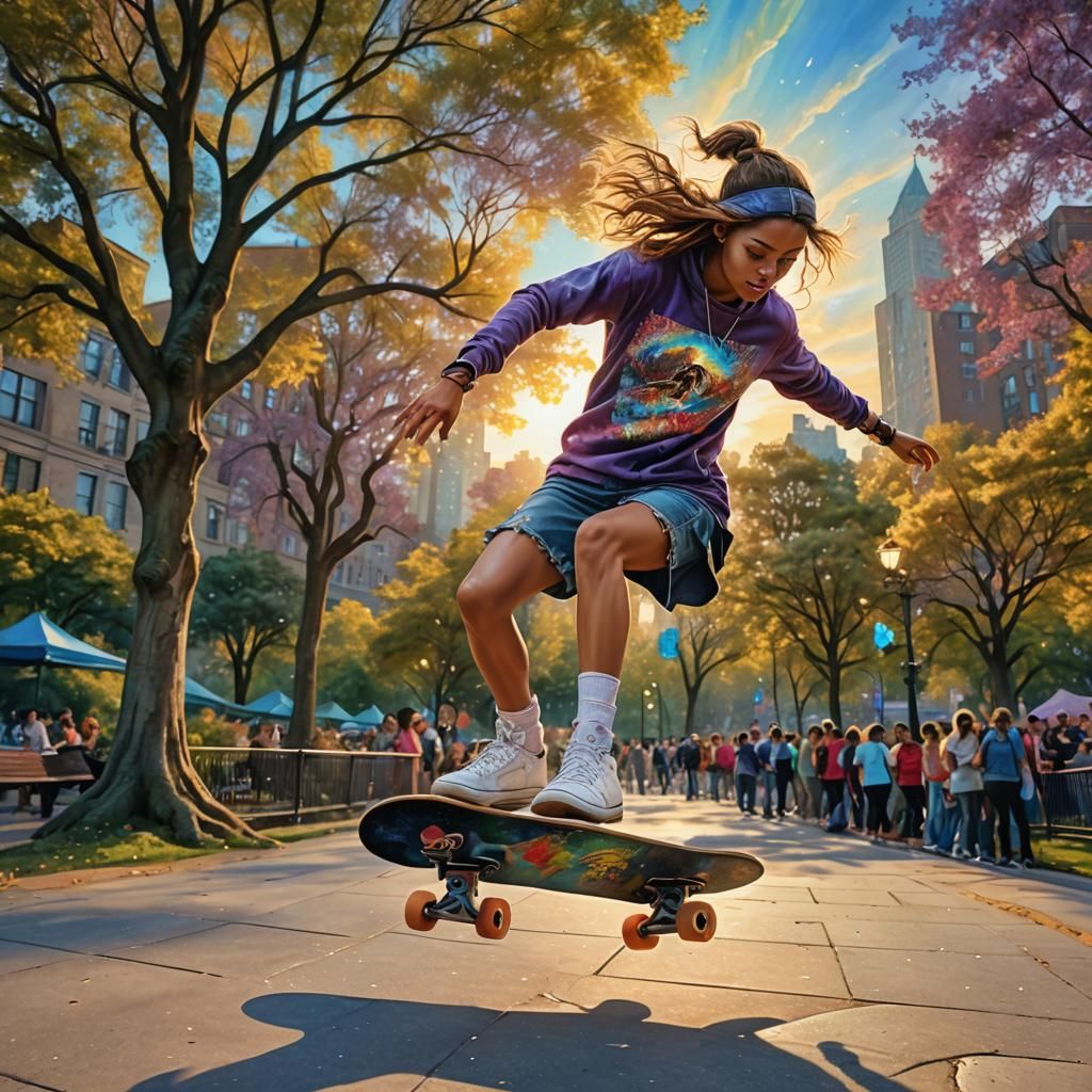 A beautiful skateboarder girl practicing her mid-kickflip in urban area ...