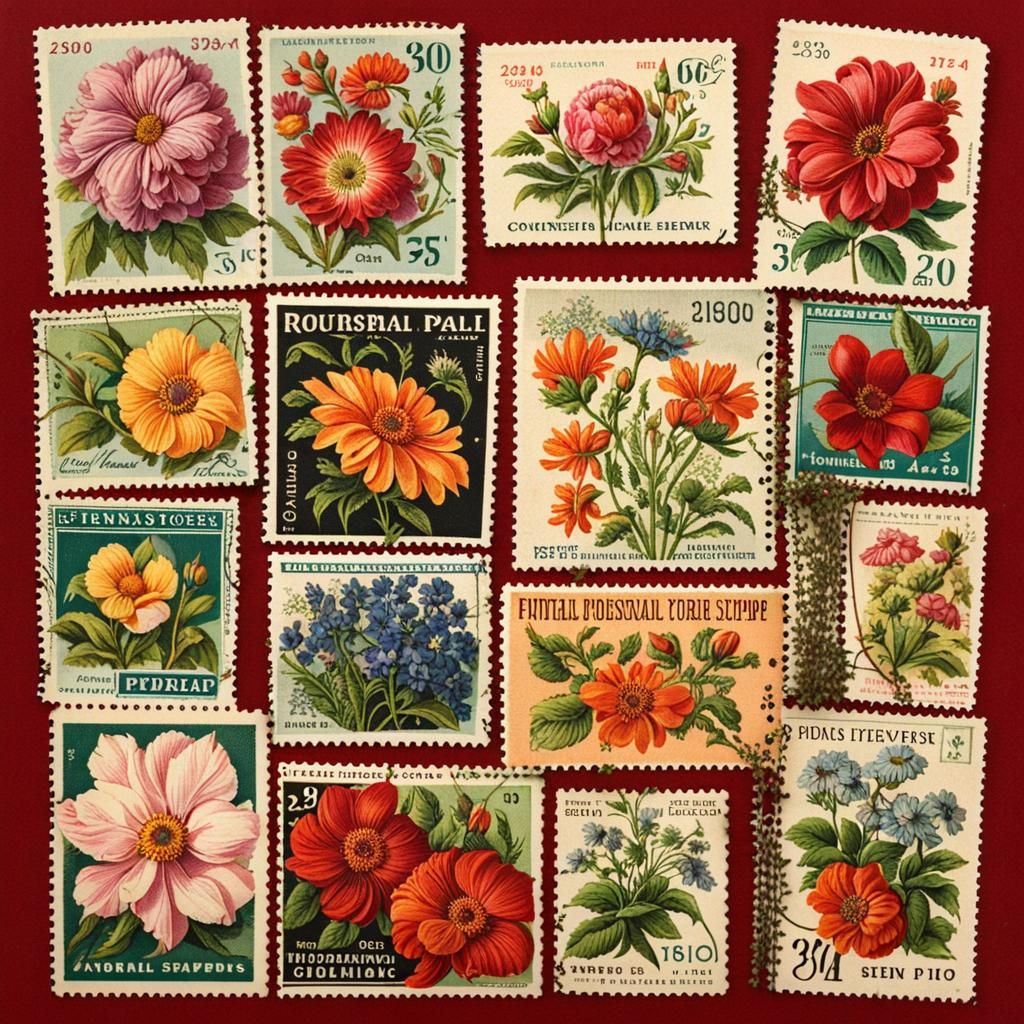 collection of Vintage postal stamps of flowers junk journal ephemera ...