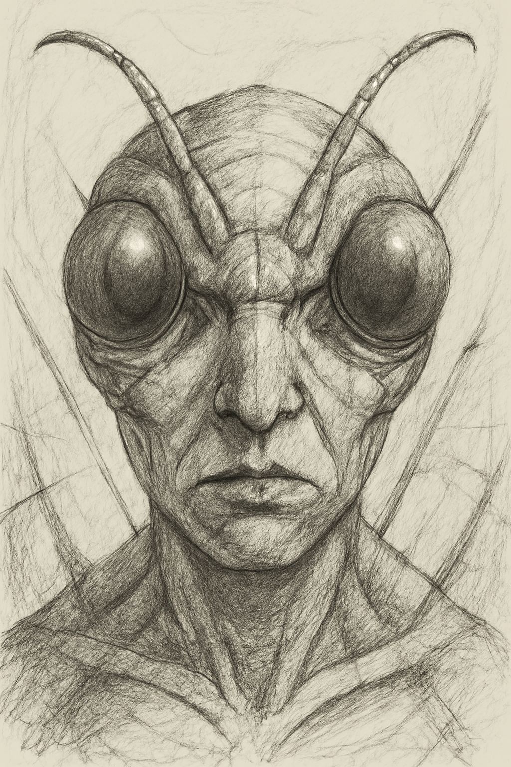 Pencil sketch human heavily insect hybrid Close up portrait, ambient light,