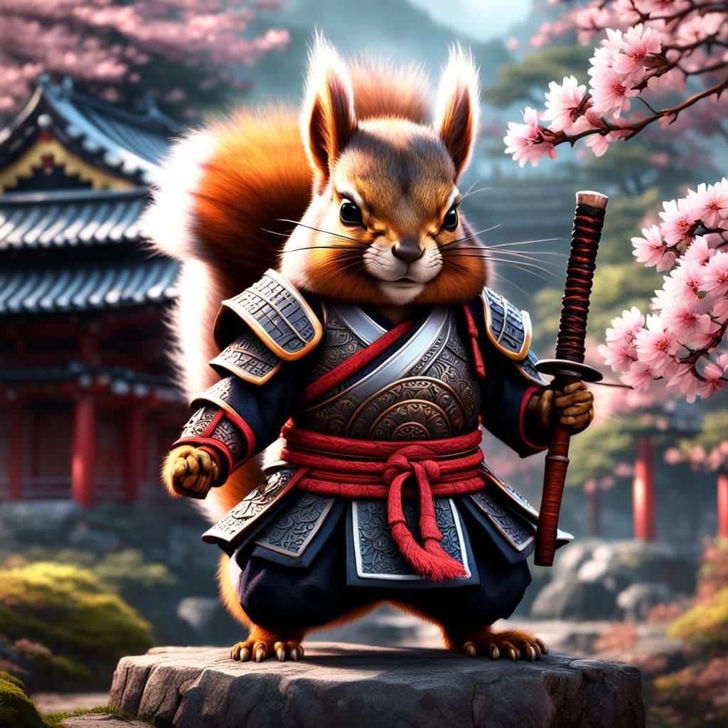 cute fluffy squirrel as angry Japanese samurai shogun warrior, samurai ...
