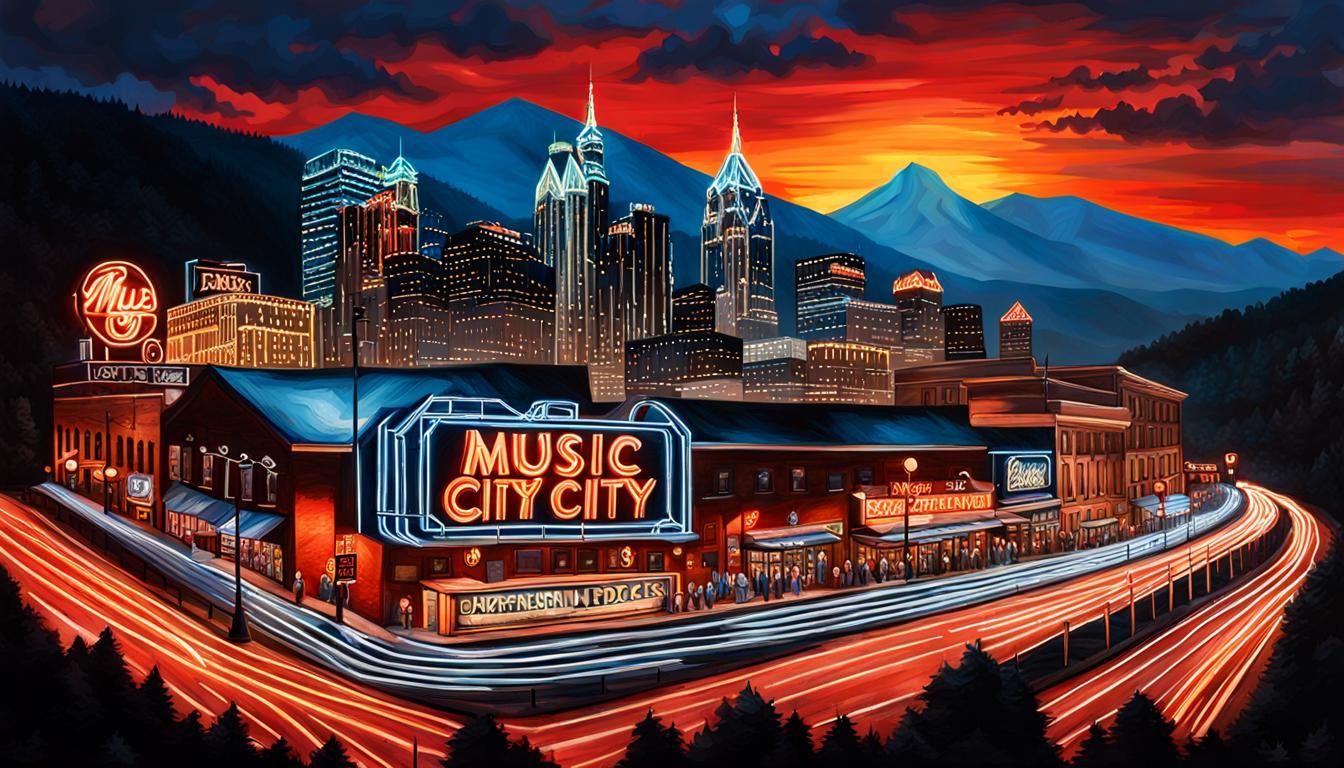 "MUSIC CITY" sign on the side of a mountain, hyper realism, intricate ...