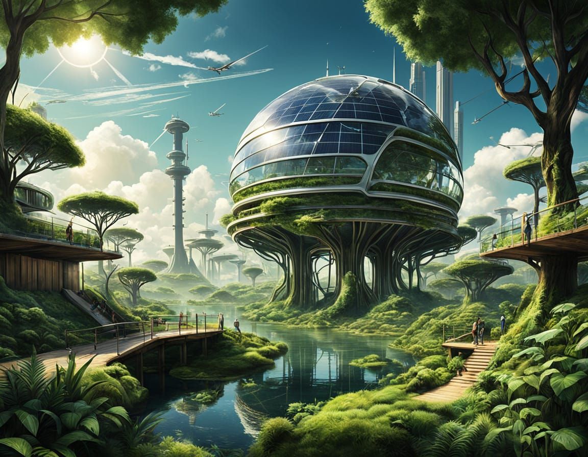 solarpunk, a world where technology and nature thrive together, using ...