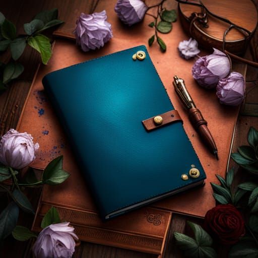 blue leather journal, flowers - AI Generated Artwork - NightCafe Creator