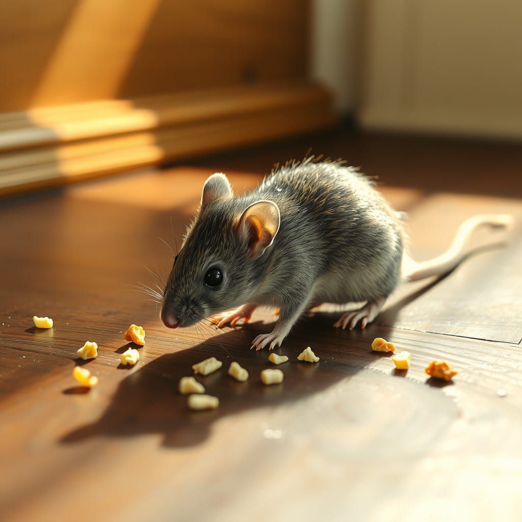 mouse eating crumbs on a hardwood floor
