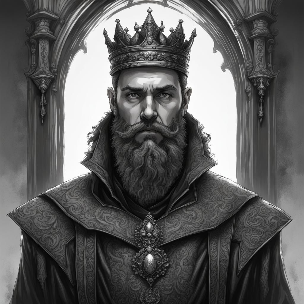 Portrait, gothic frame, man with beard, crown and royal costumes. Black ...