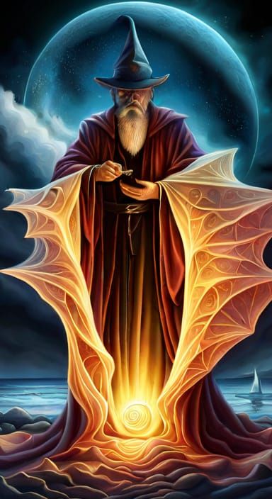 Aged-Wizard-wearing a luminescent-wizard-hat and Warlocks-Robe on a ...