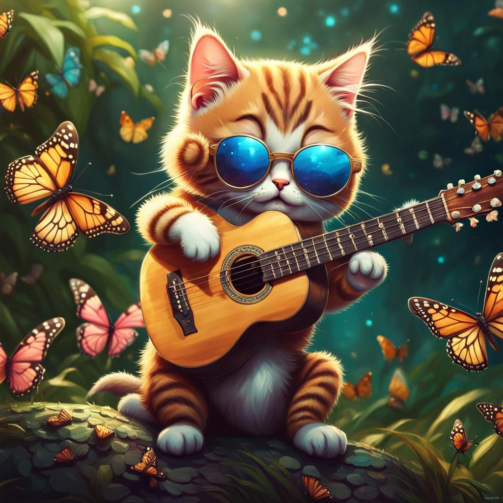 Cat jamming with Butterflies - AI Generated Artwork - NightCafe Creator