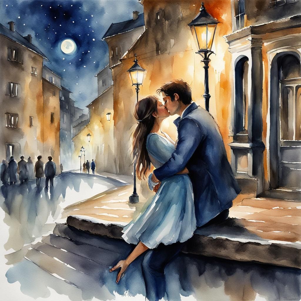 Kissing by lamplight - AI Generated Artwork - NightCafe Creator