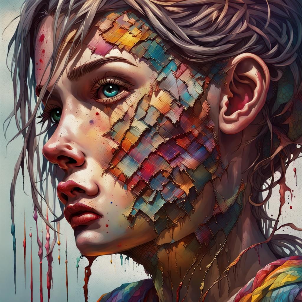 stitches, tattered dress, patchwork girl - AI Generated Artwork - NightCafe Creator