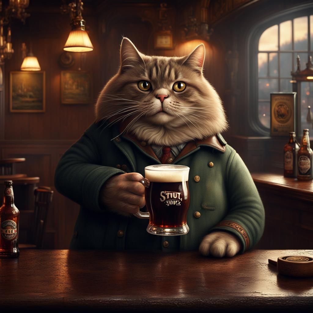 fat cat drinking stout at the pub - AI Generated Artwork - NightCafe ...