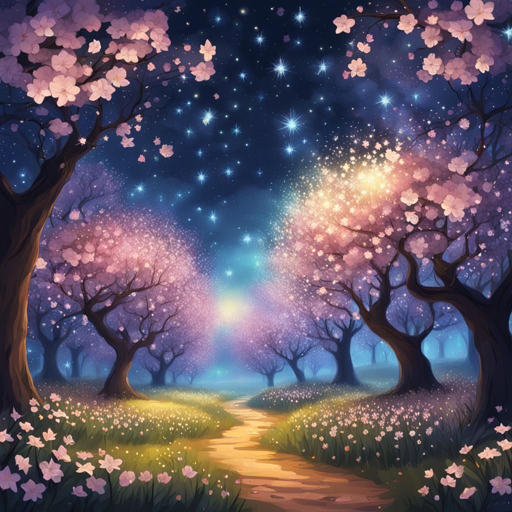 Starfall Blossom Orchard. Digital art illustrates an orchard bathed in ...