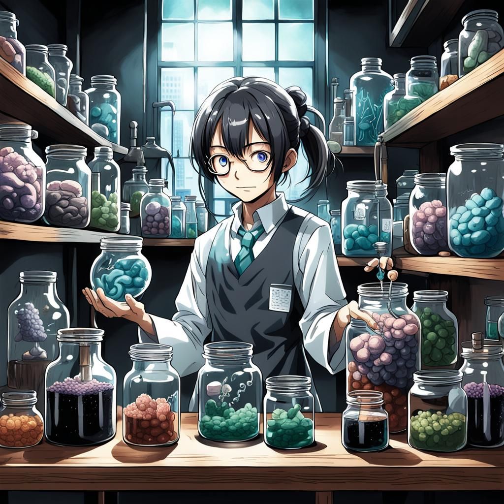 In a mad scientist's laboratory, we see various jars filled with ...