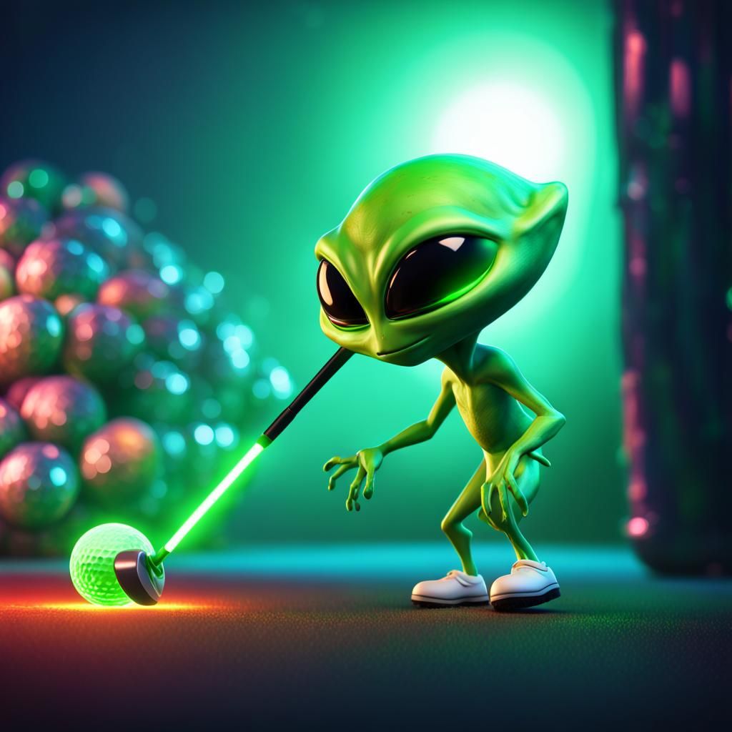 green alien hitting a star flame sparkle golf ball with neon green ...