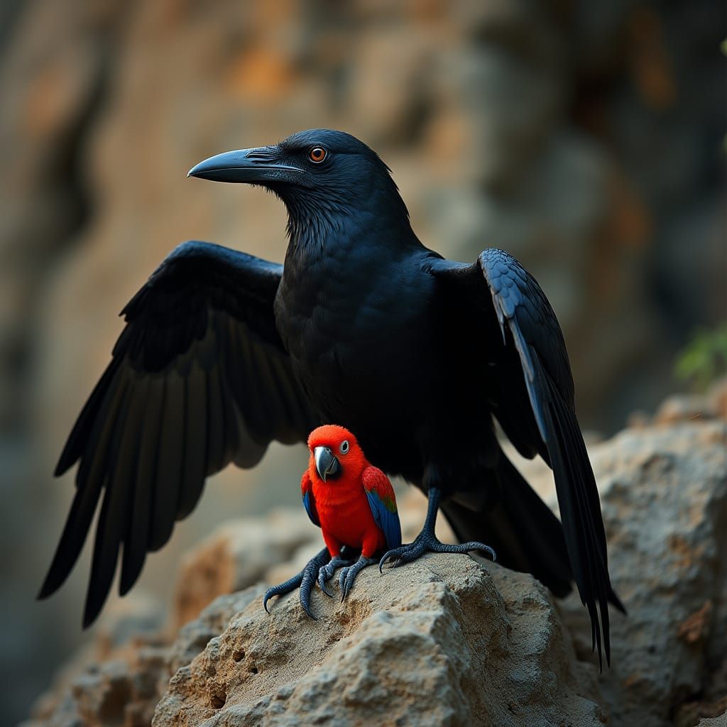 Majestic Black Crow Sits with Baby Scarlet Macaw o... - AI Art