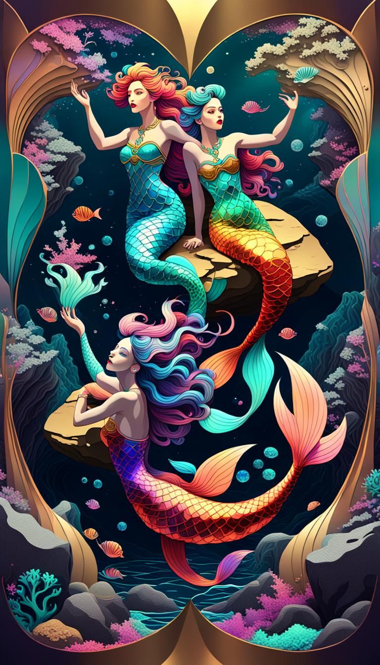 vaporwave mermaids singing from the rocks as a ship draws near art ...