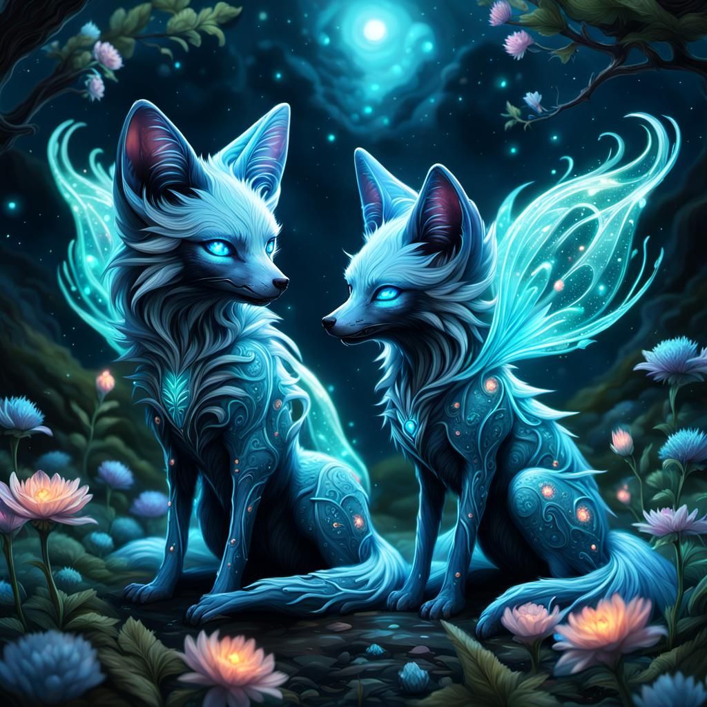 two bioluminescent alien foxes - AI Generated Artwork - NightCafe Creator
