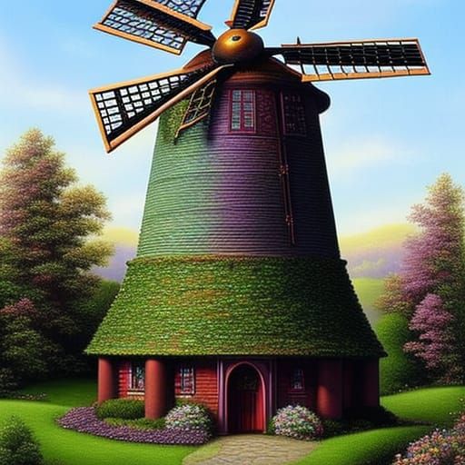 old-fashioned stone windmill, symmetrical blades, ethereal fantasy ...