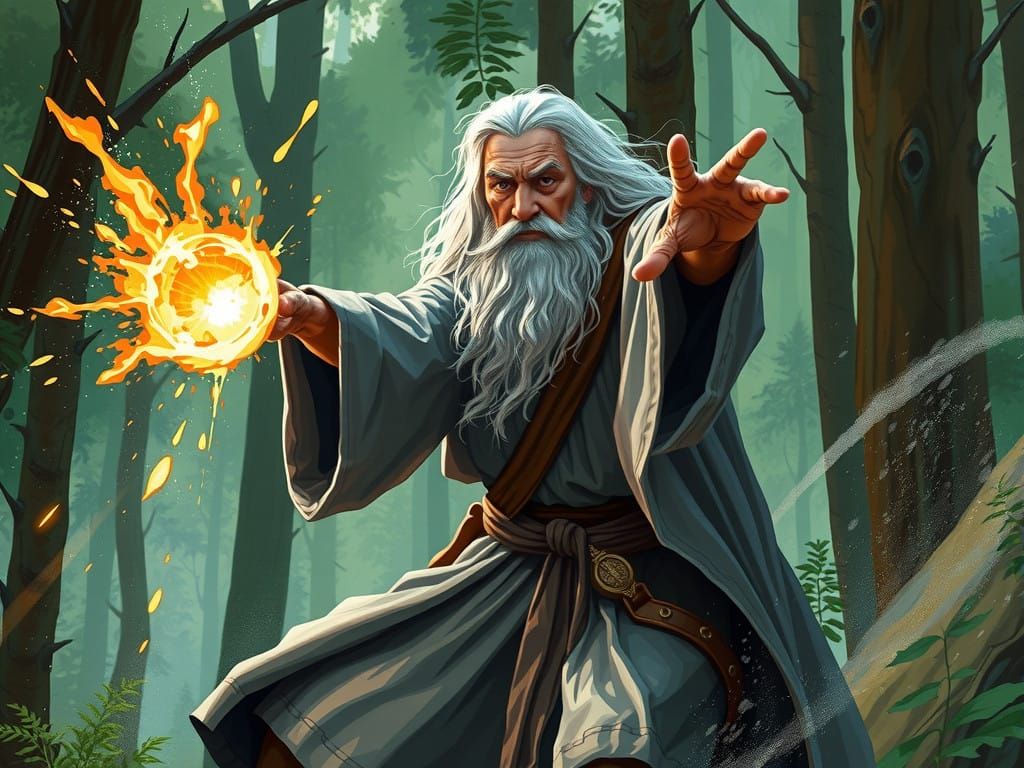 Gandalf preparing to throw a fireball.