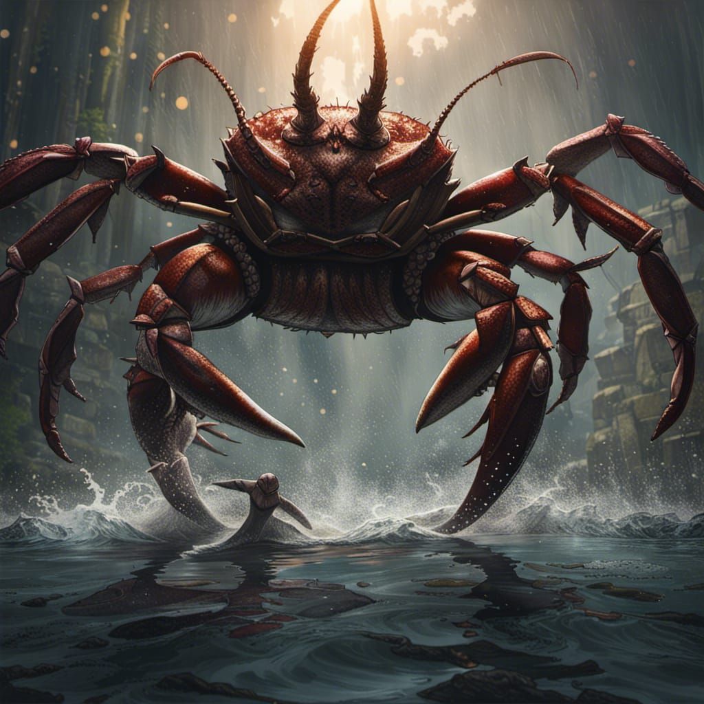 Evil Crab emerging from water attacking a medieval women - AI Generated ...