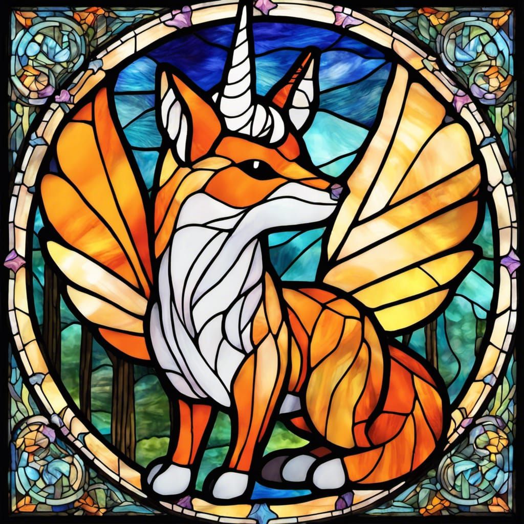 young unicorn fox with wings in fantasy forest stained glass 1 - AI ...