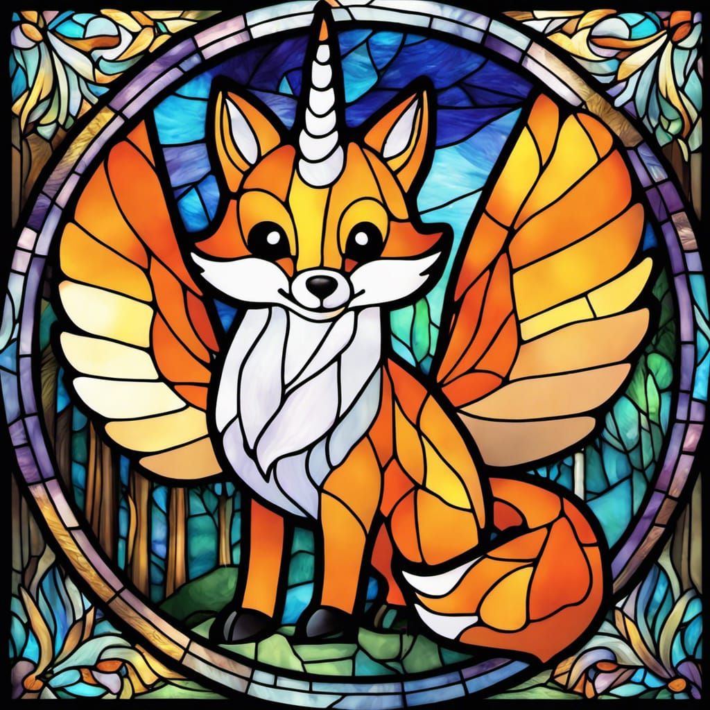 young unicorn fox with wings in fantasy forest stained glass 2 - AI ...