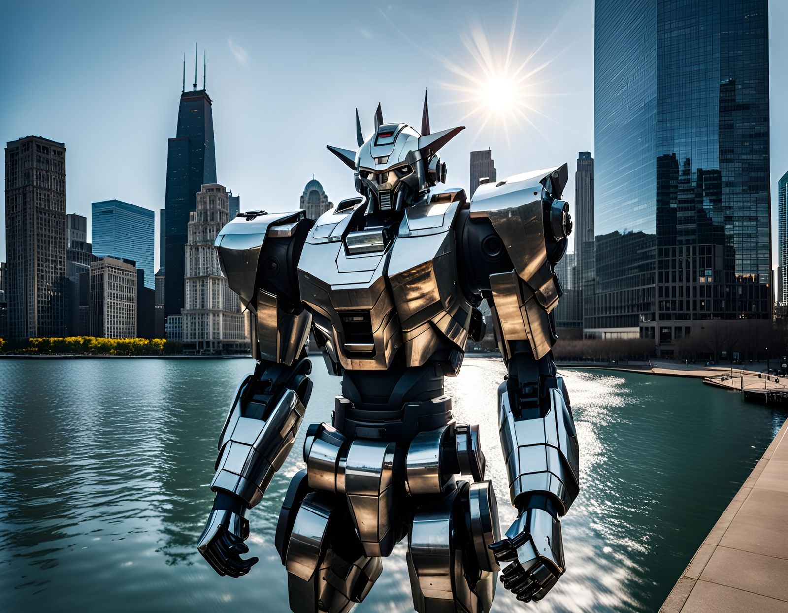 Giant mecha reflective metal covering, in downtown Chicago - AI ...